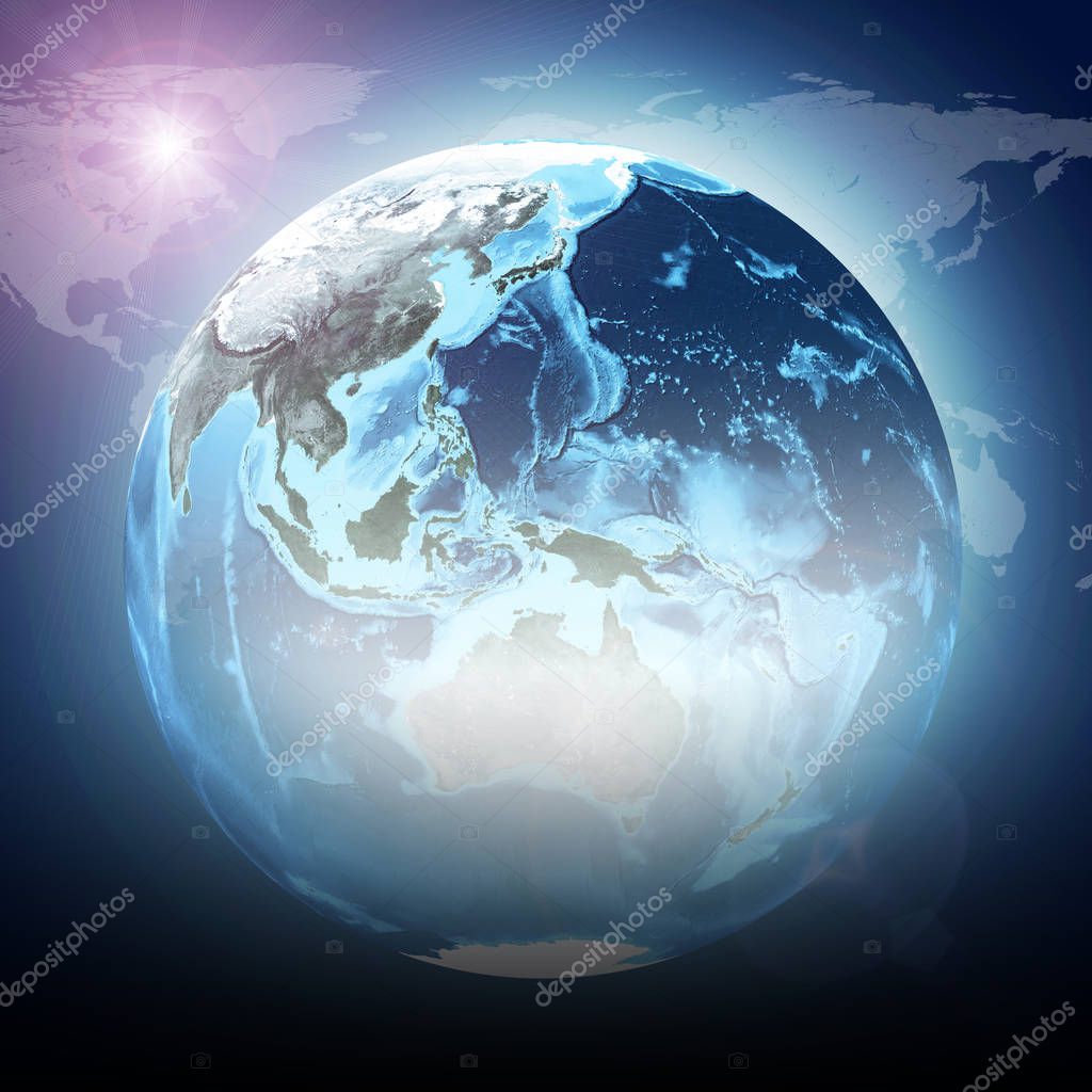 Globo de tierra azul resplandor con continentes, transparente. Mapa del ...