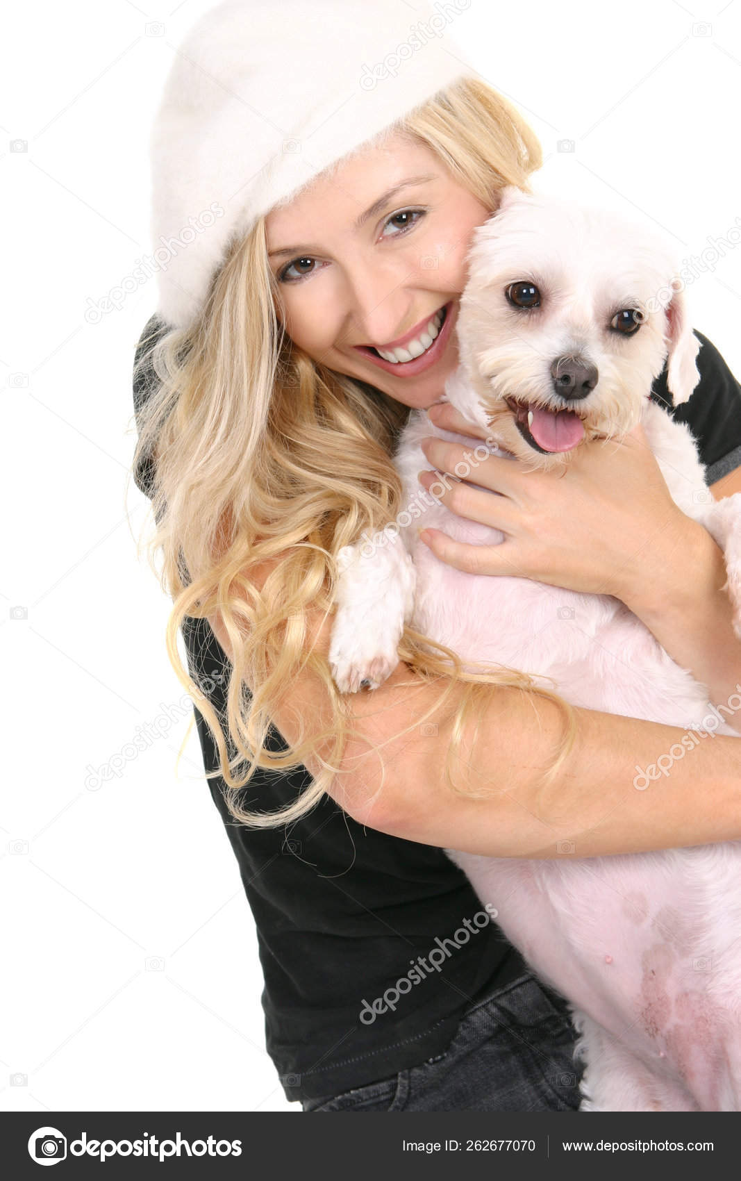 Smiling Woman Cuddling Cute Lovable White Dog Stock Photo by ©YAYImages ...