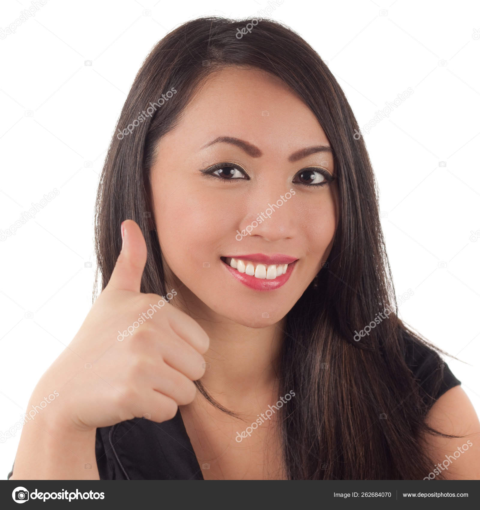 Young Attractive Asian Woman Giving Thumbs Sign Isolated White Stock