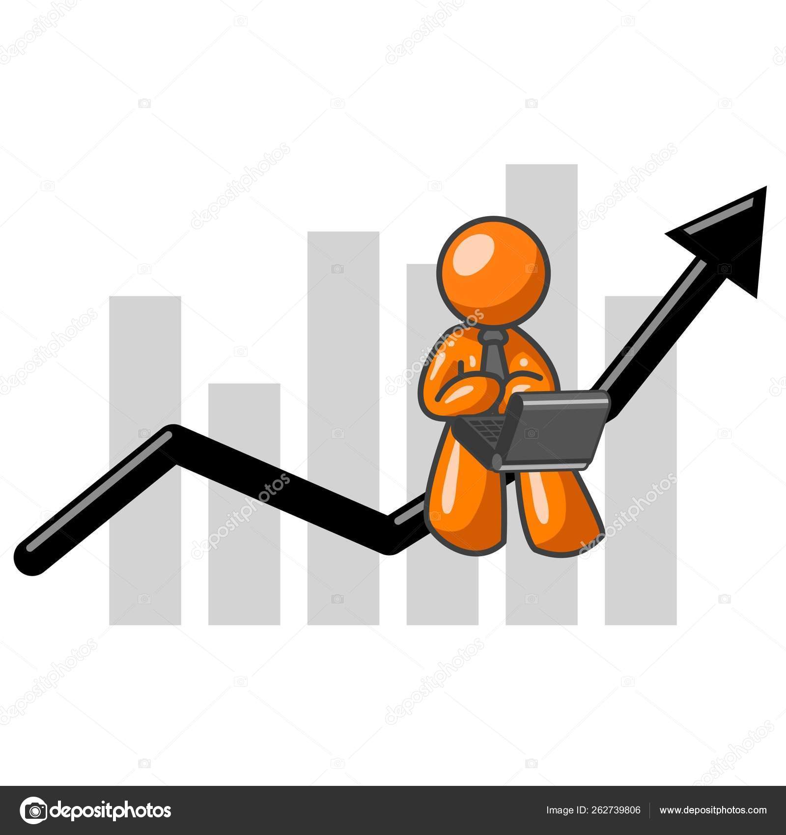 Orange Man Computer Front Bar Graph Probably Running His Business Stock ...