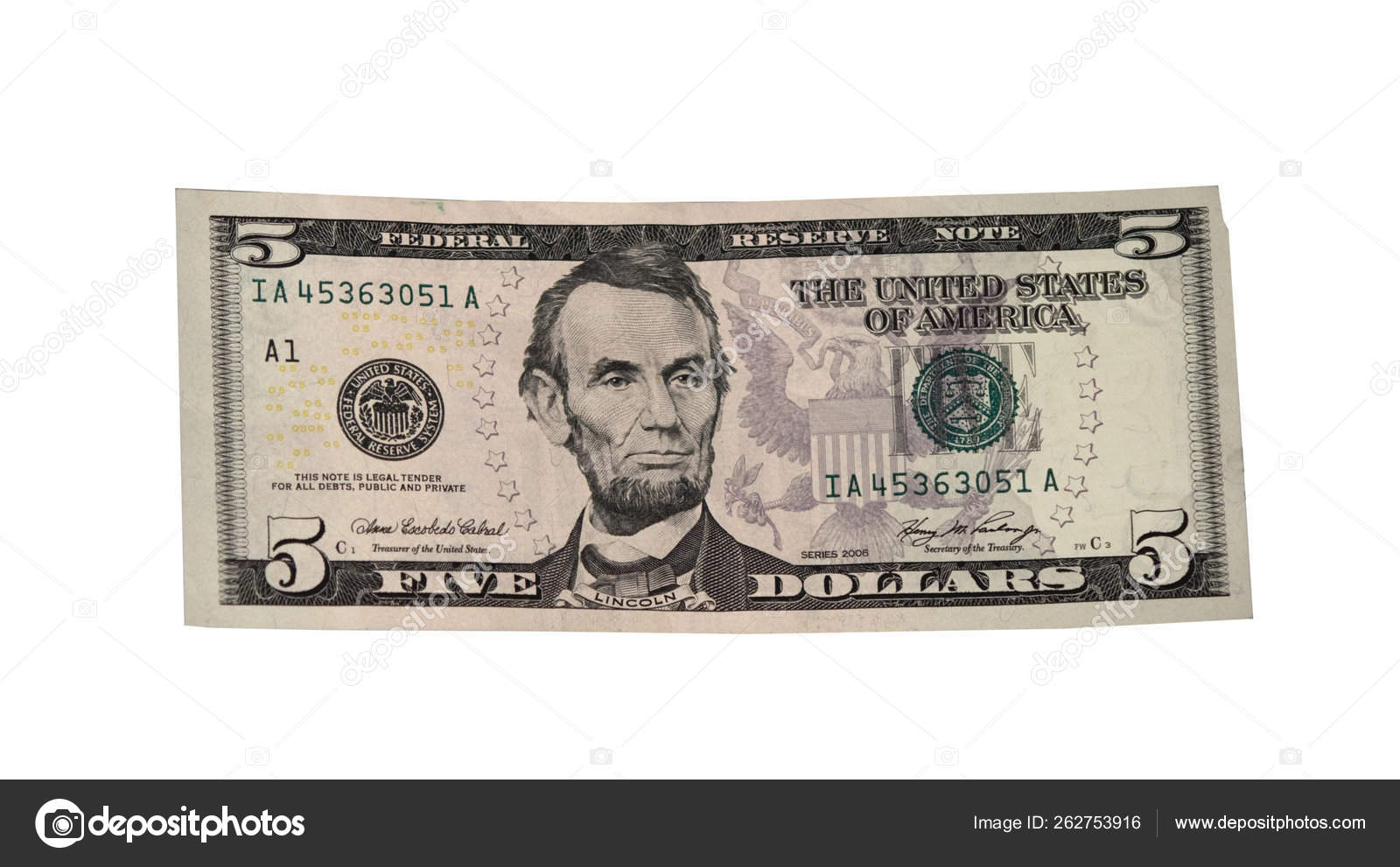 Currency Five Dollar Bill Banknote Isolated White Background Stock ...