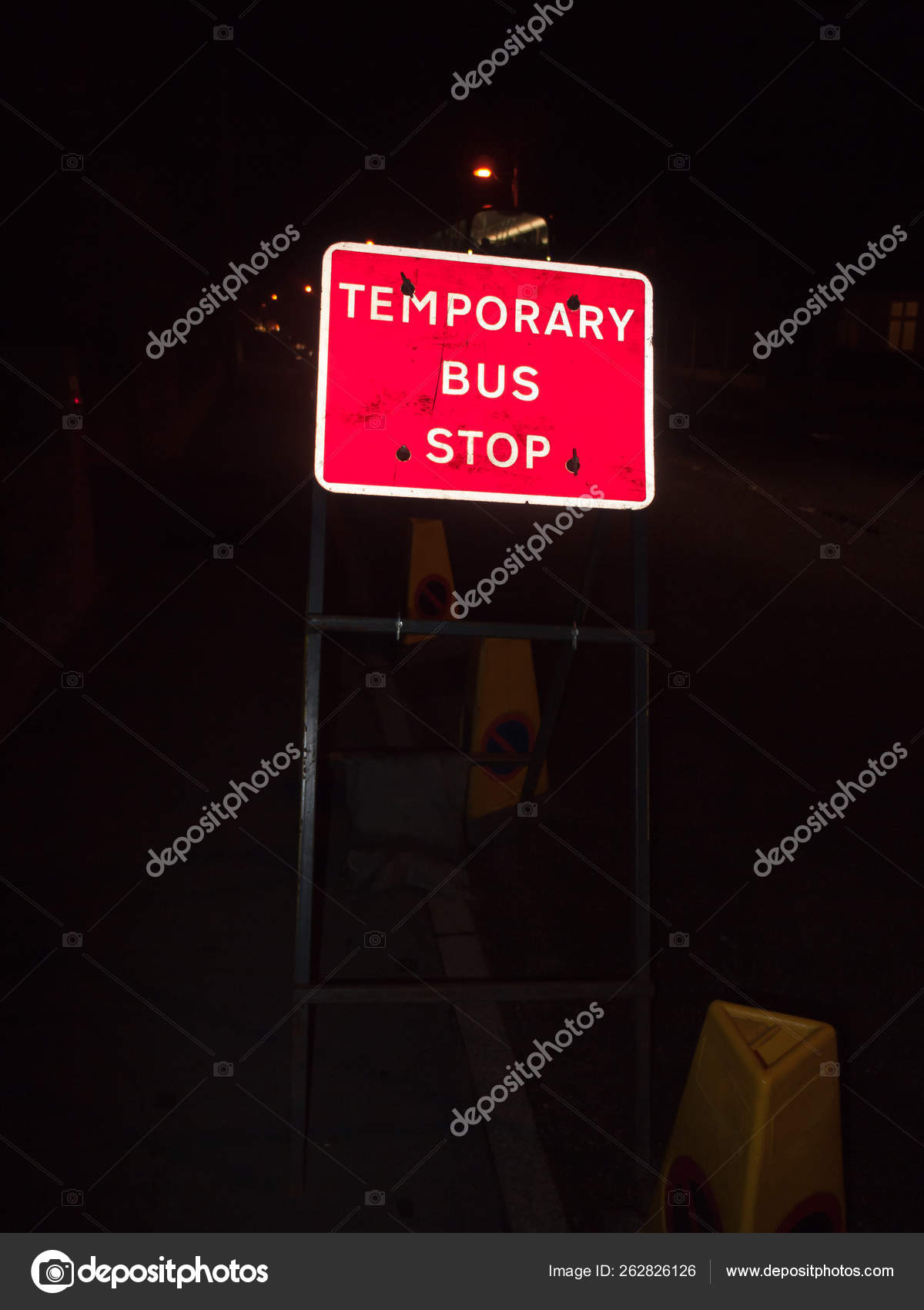 Red Road Sign Night Temporary Bus Stop Essex England — Stock Photo ...