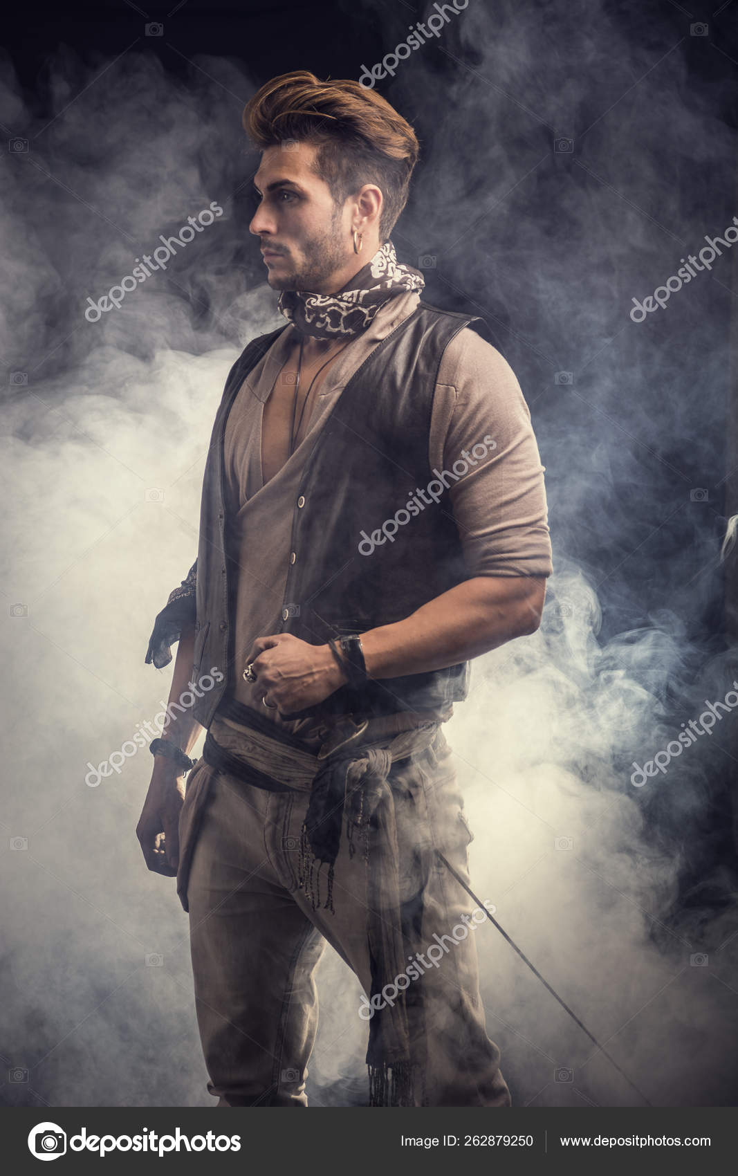Good Looking Young Man Pirate Fashion Outfit Gray Smoke Background ...
