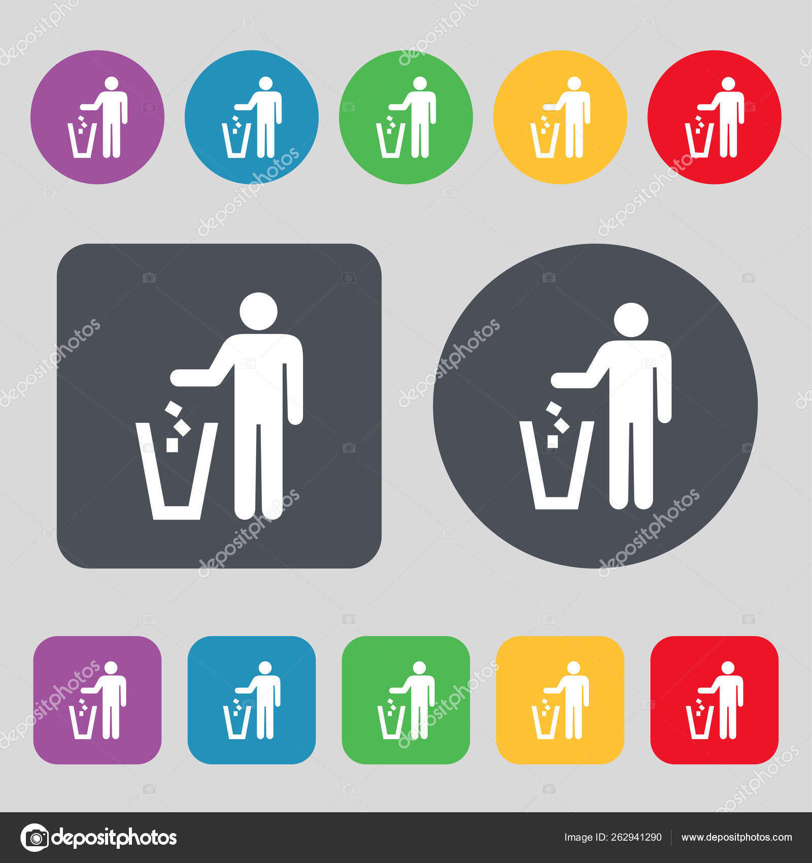 Throw Away Trash Icon Sign Set Colored Buttons Flat Design Stock Photo ...