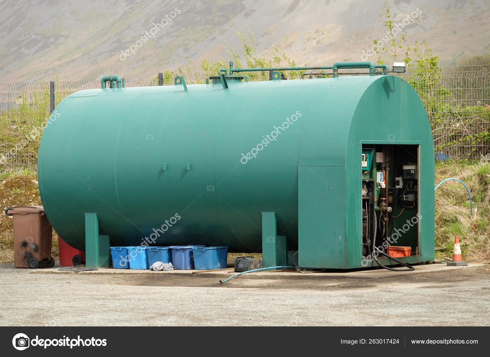 Green Fuel Storage Tank Pump Unit Concrete Waste Bins — Stock Photo ...
