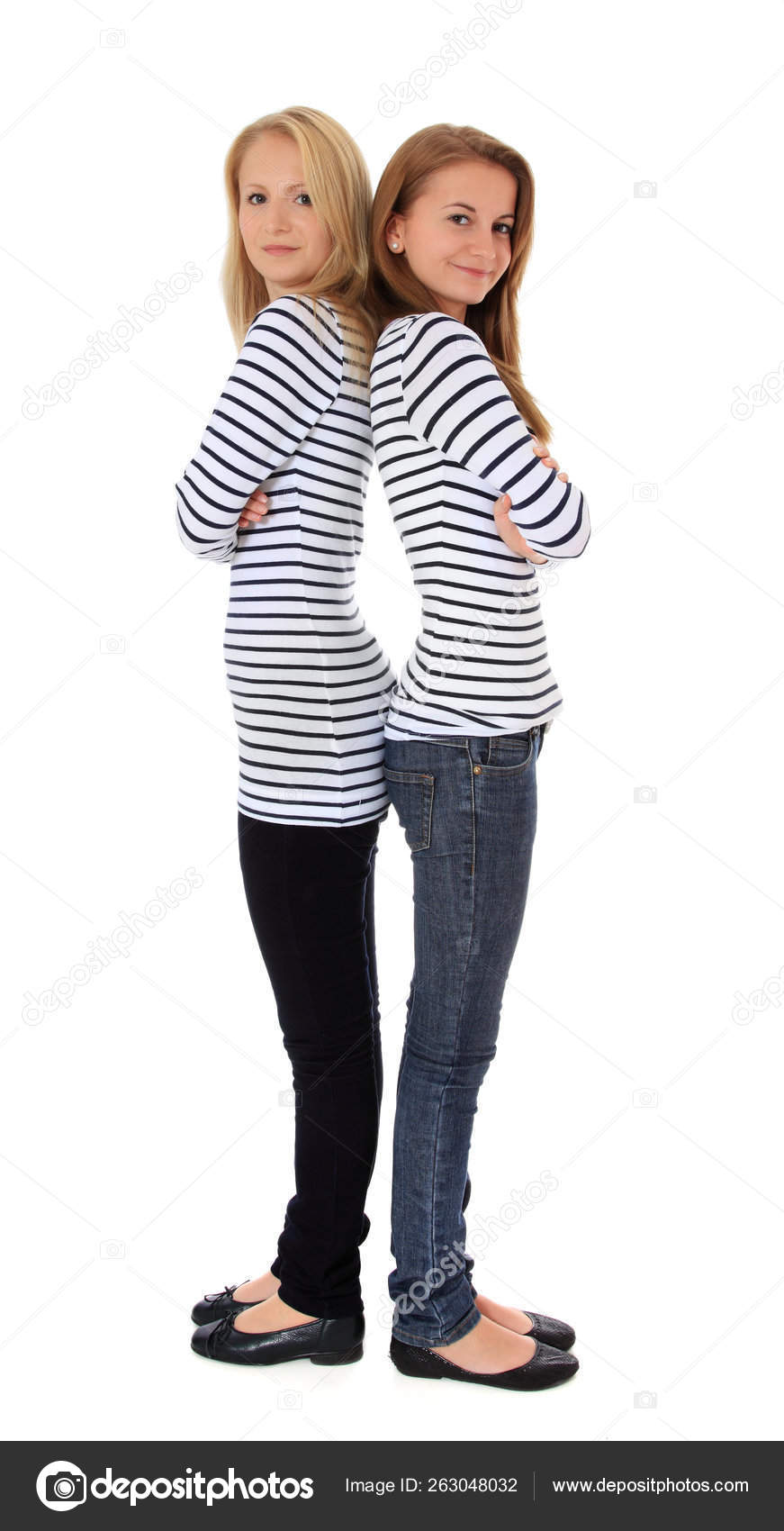 Two Attractive Girls Wearing Same Clothes All White Background Stock ...