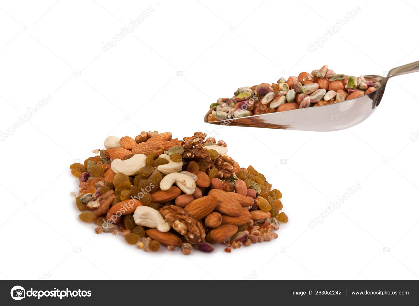 Pile Mix Collection Dry Fruits Falling Steel Spoon Isolated White ...