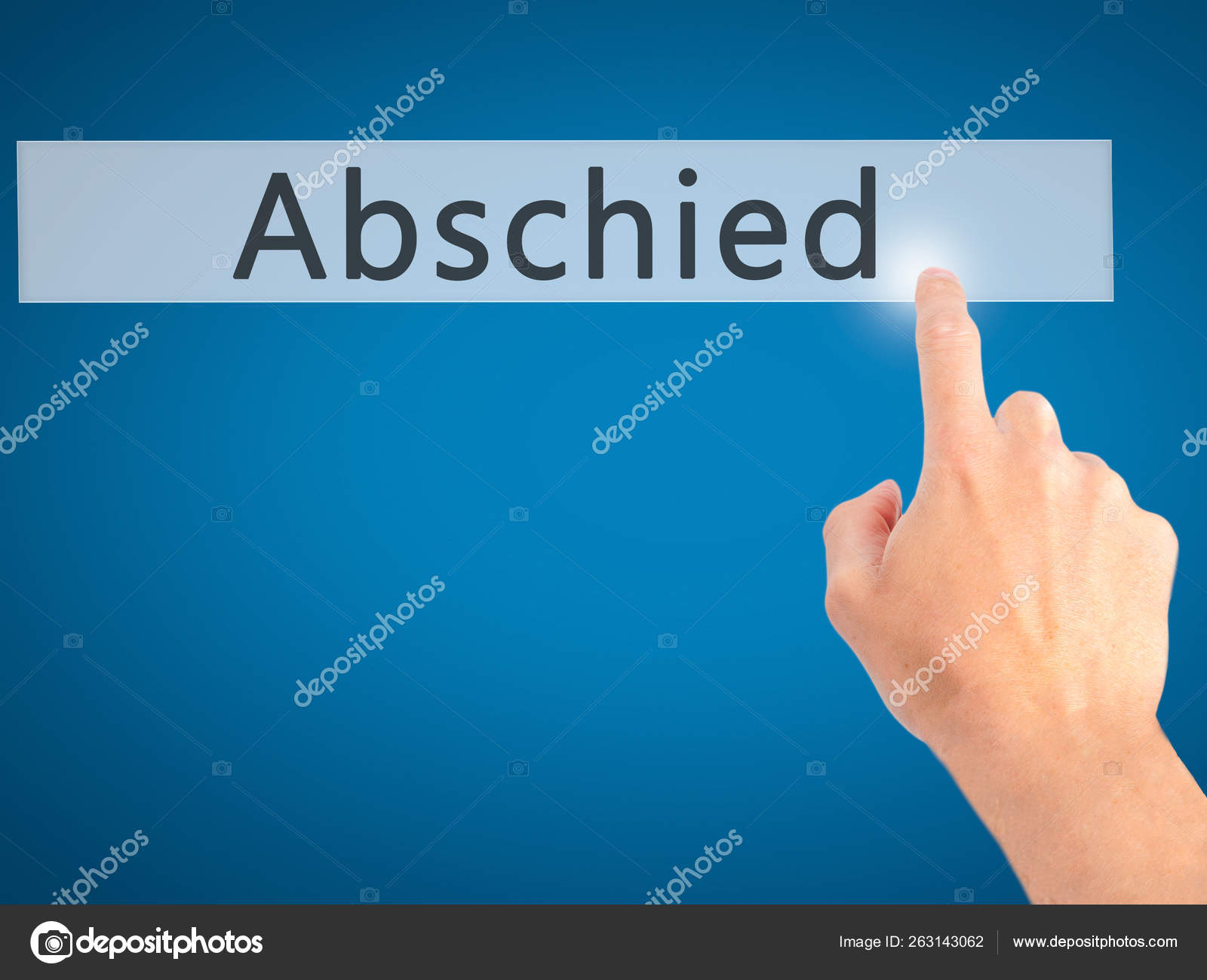 Abschied Farewell German Hand Pressing Button Blurred Background ...