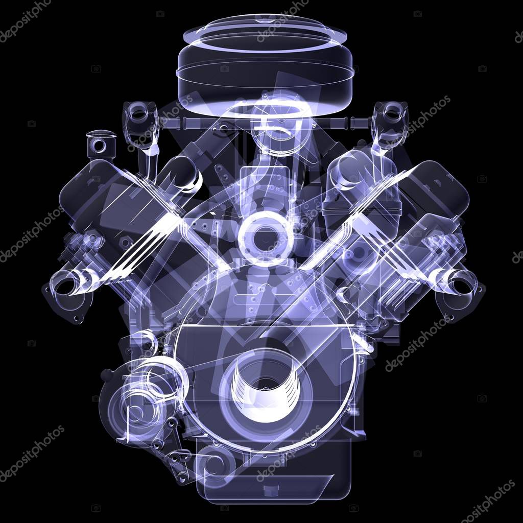 Motor diesel. Rendimiento de rayos X aislado sobre fondo negro 2023