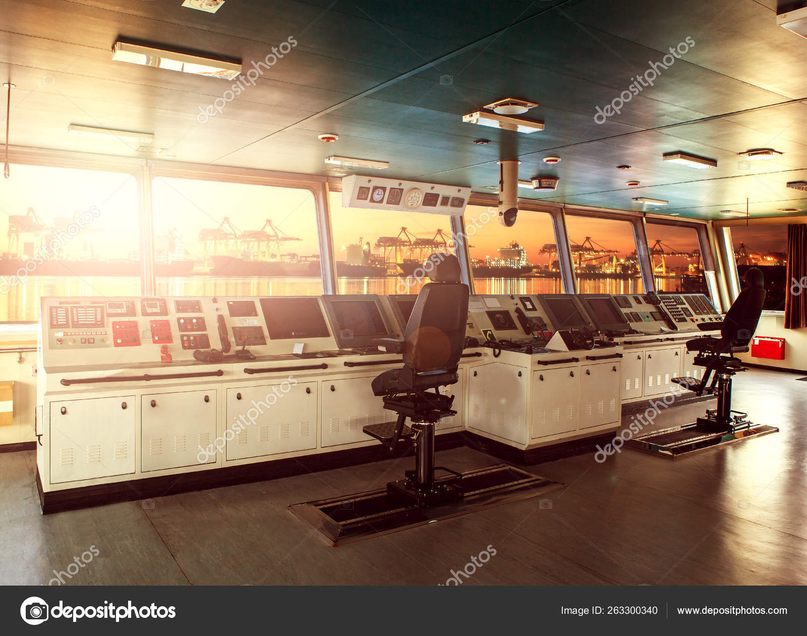 Wheelhouse Control Board Modern Industry Ship Approaching Harbor Night ...