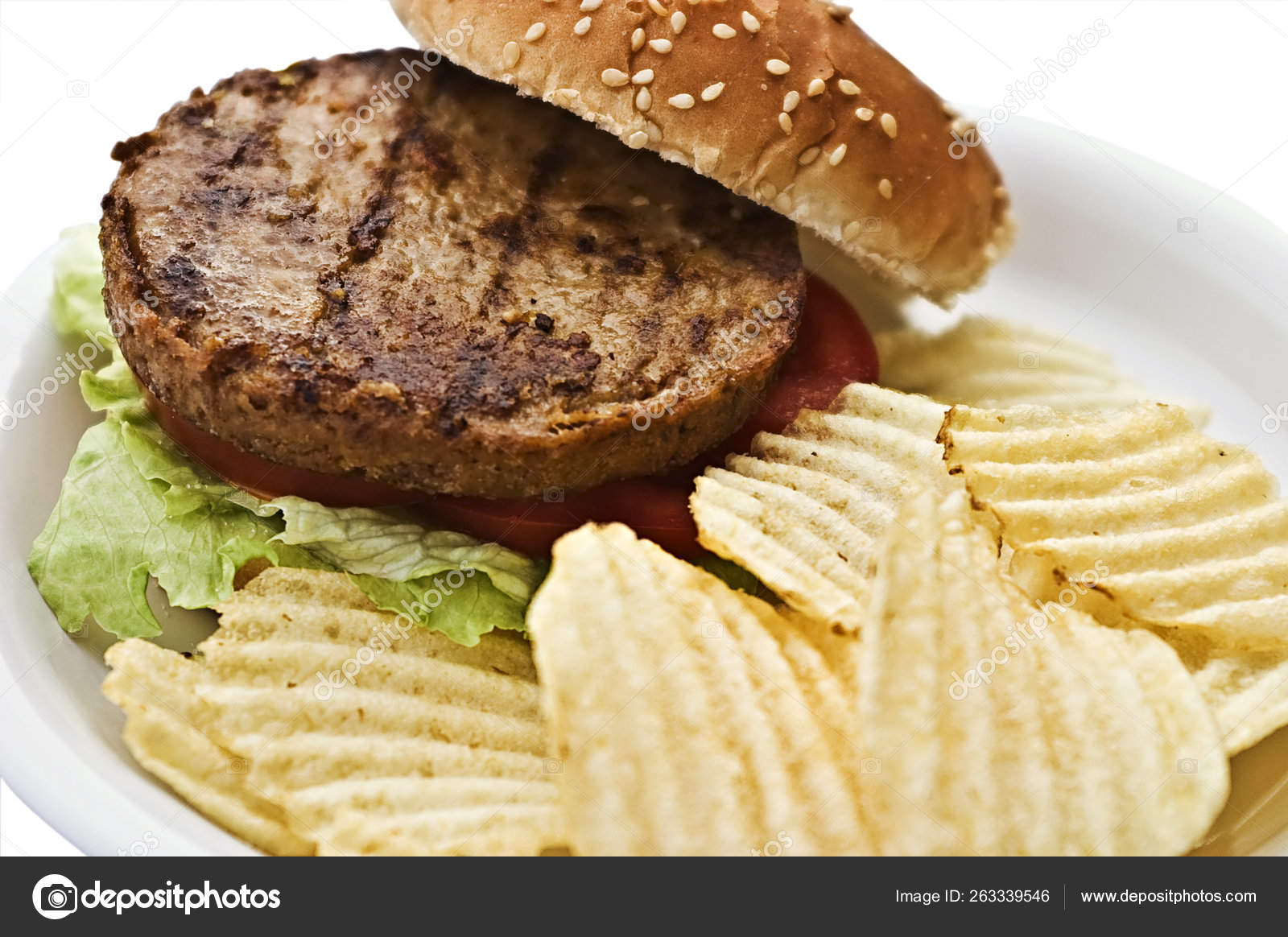Vegetarian Burger Chips Styrofoam Plate Isolated White Background Stock ...