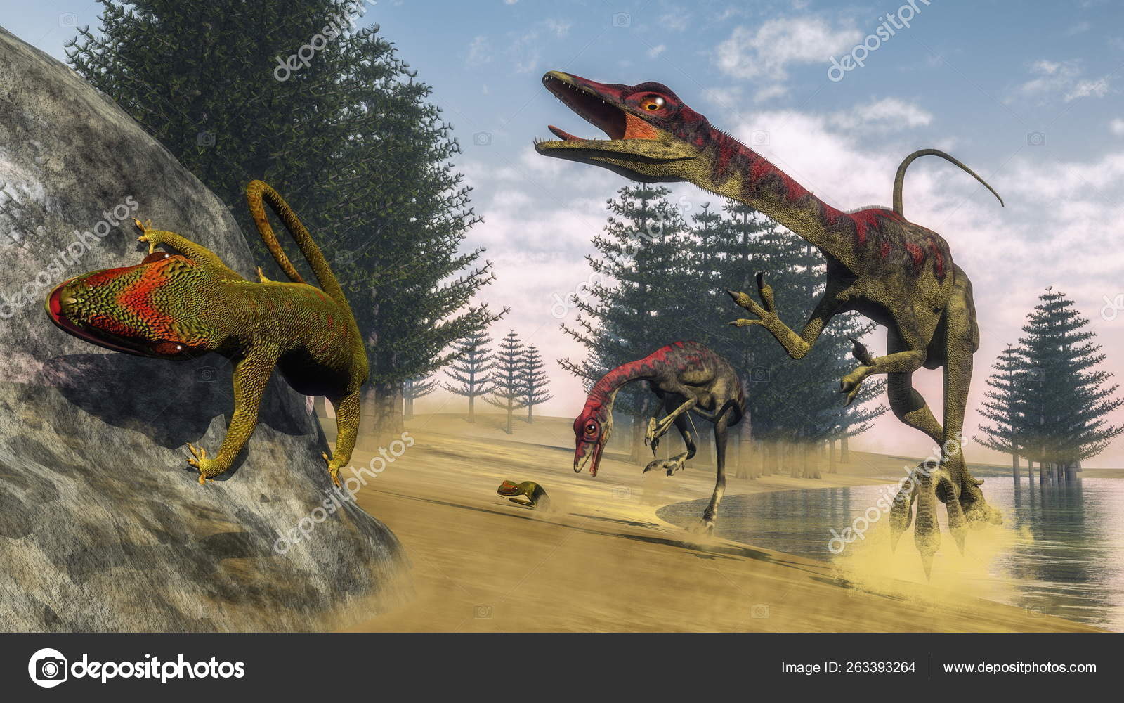 Compsognathus Dinosaur Hunting Gecko Lagoon Calamite Trees Day Render ...