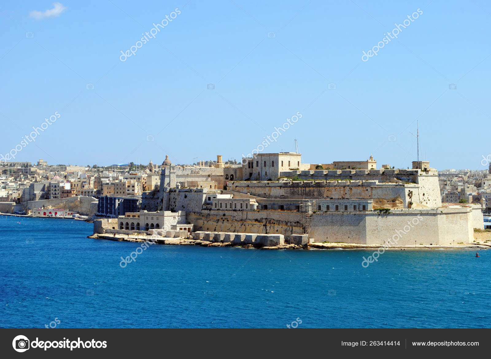 Fort Angelo Large Fortification Birgu Malta Right Centre Grand Harbour ...