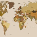 World Map old colors illustration: countries, cities, water objects ...
