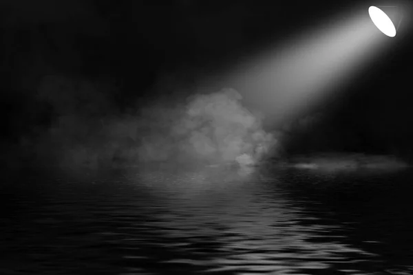 White projector. Spotlight stage with smoke on black background ...