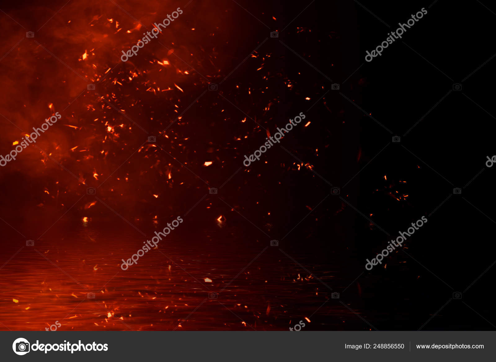Fire particles embers with reflection in water. Design texture for ...