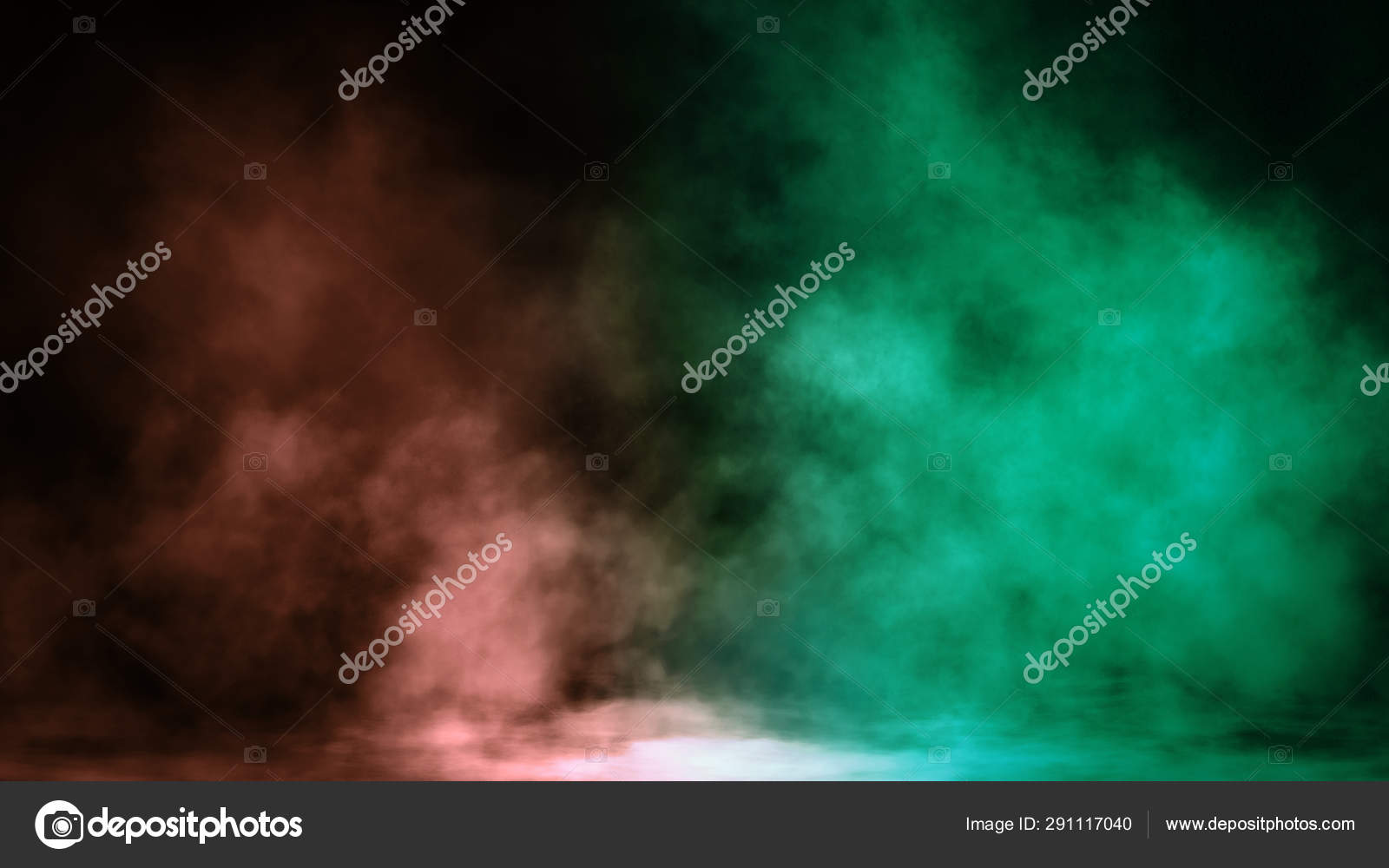 Green gradient smoke on the floor . Isolated black background . Misty ...