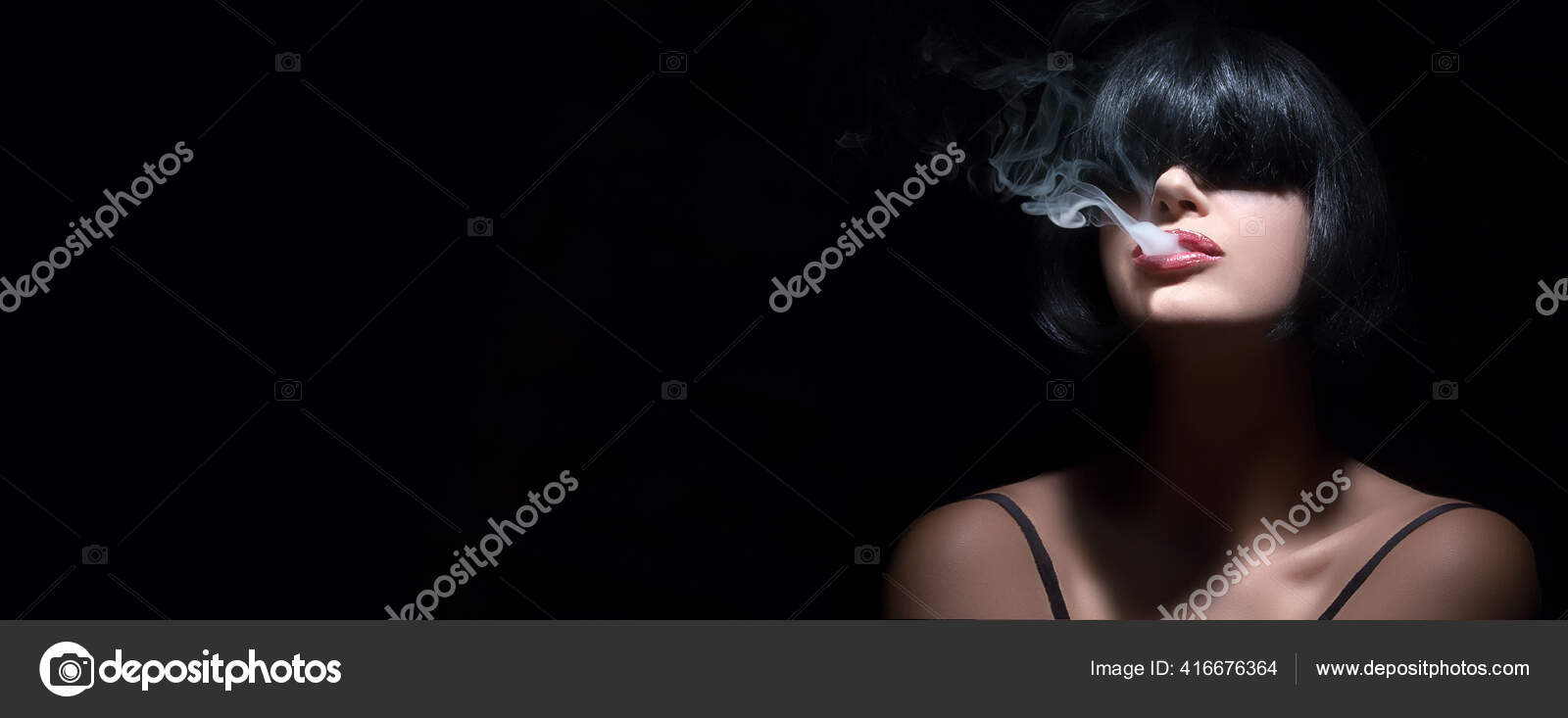 Portrait Sensual Brunette Woman Bangs Vaping Smoking Smoke Curls Her ...
