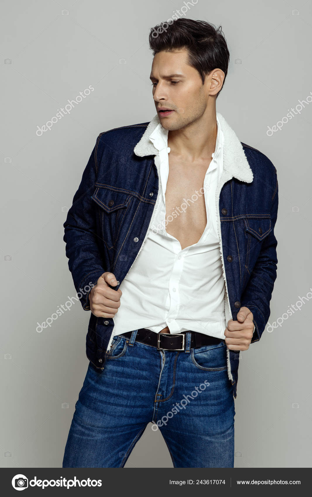 Sexy Man Wear White Unbuttoned Shirt Jeans Isoalted Gray Background ...