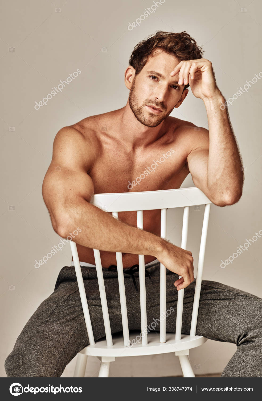 Shirtless Fit Man Posing Sitting Chair — Stock Photo © kiuikson #308747974