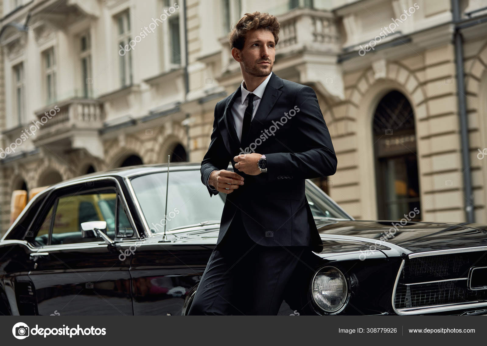Young Handsome Man Black Classic Car Wearing Black Suit — Stock Photo ...
