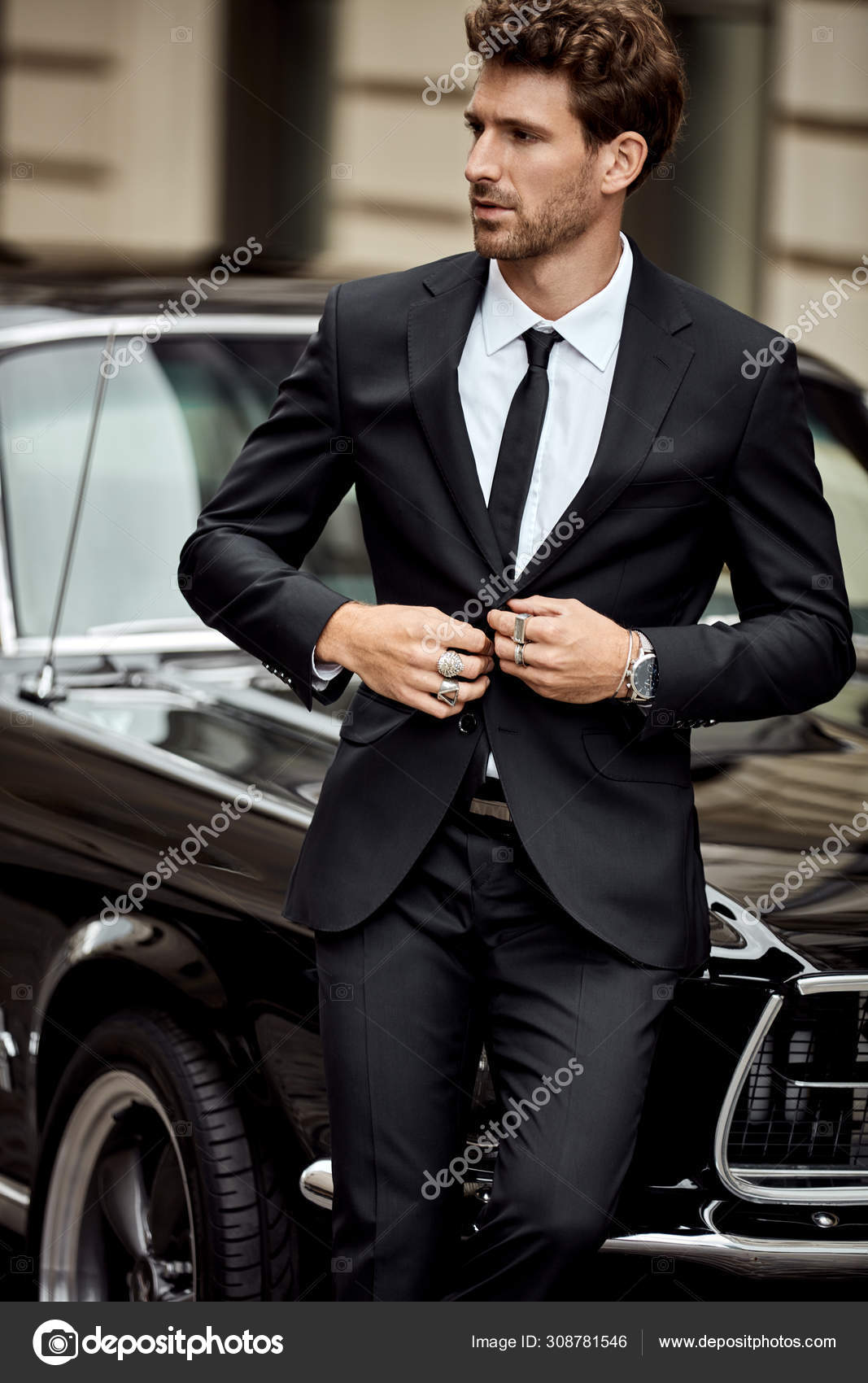 Handsome Man Black Car Wearing Black Suit Buttoning Jacket — Stock ...