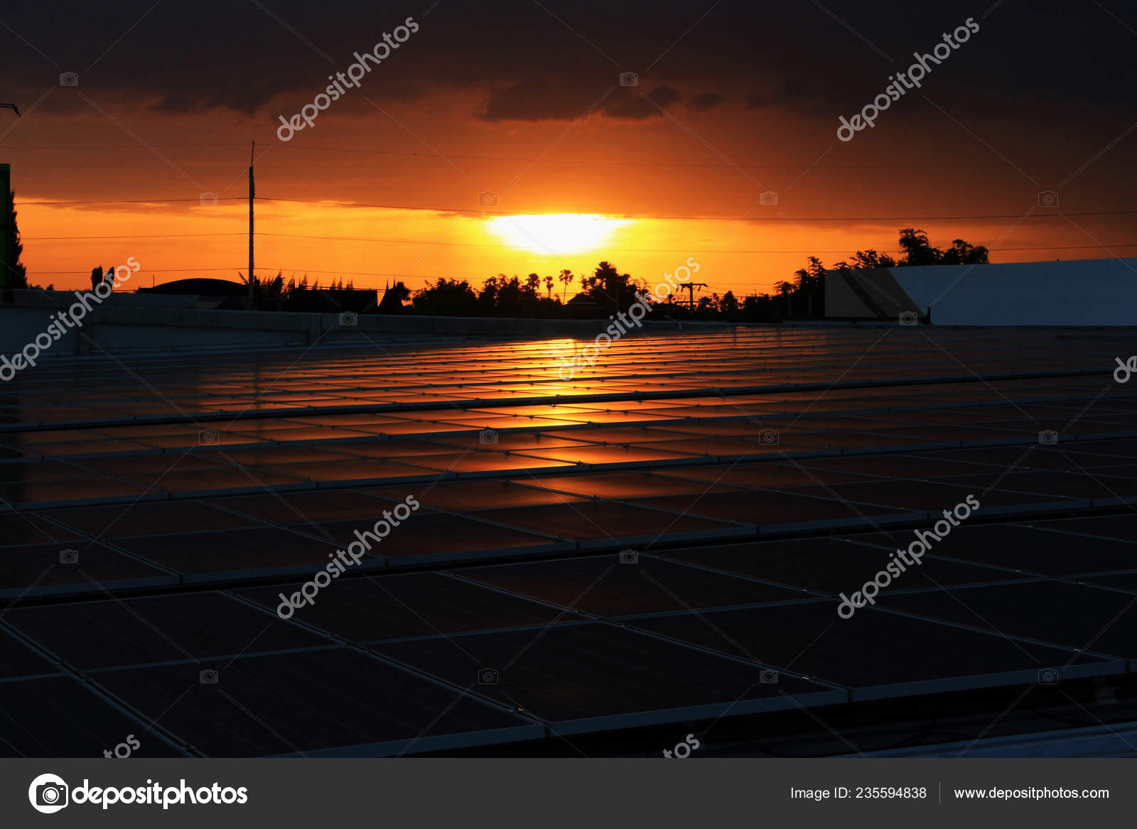 Solar Rooftop Red Sky Sunset Background — Stock Photo © WichienTep ...