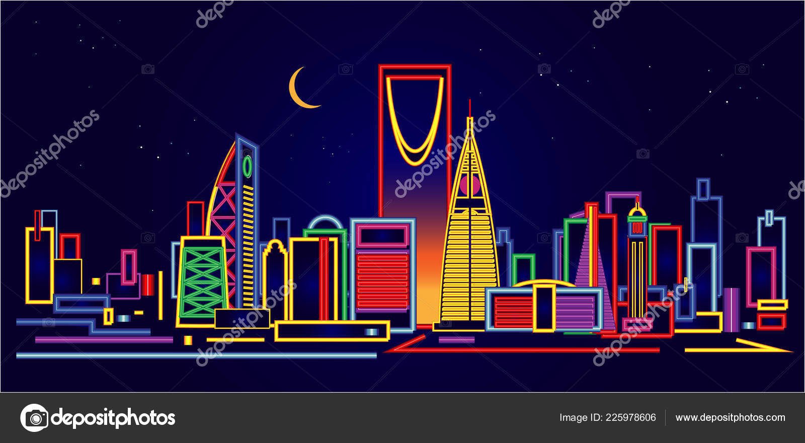 利雅得沙特阿拉伯霓虹灯标志天际线图库矢量图作者：© mauromod 225978606