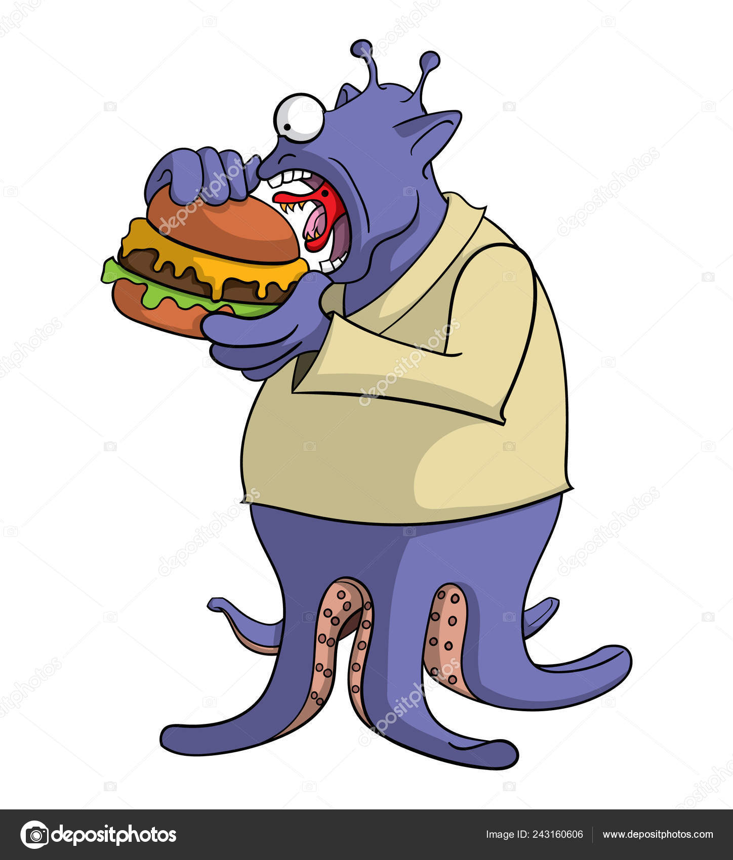 Cartoon Character Cute Funny Alien Hamburger Eating Isolated White ...