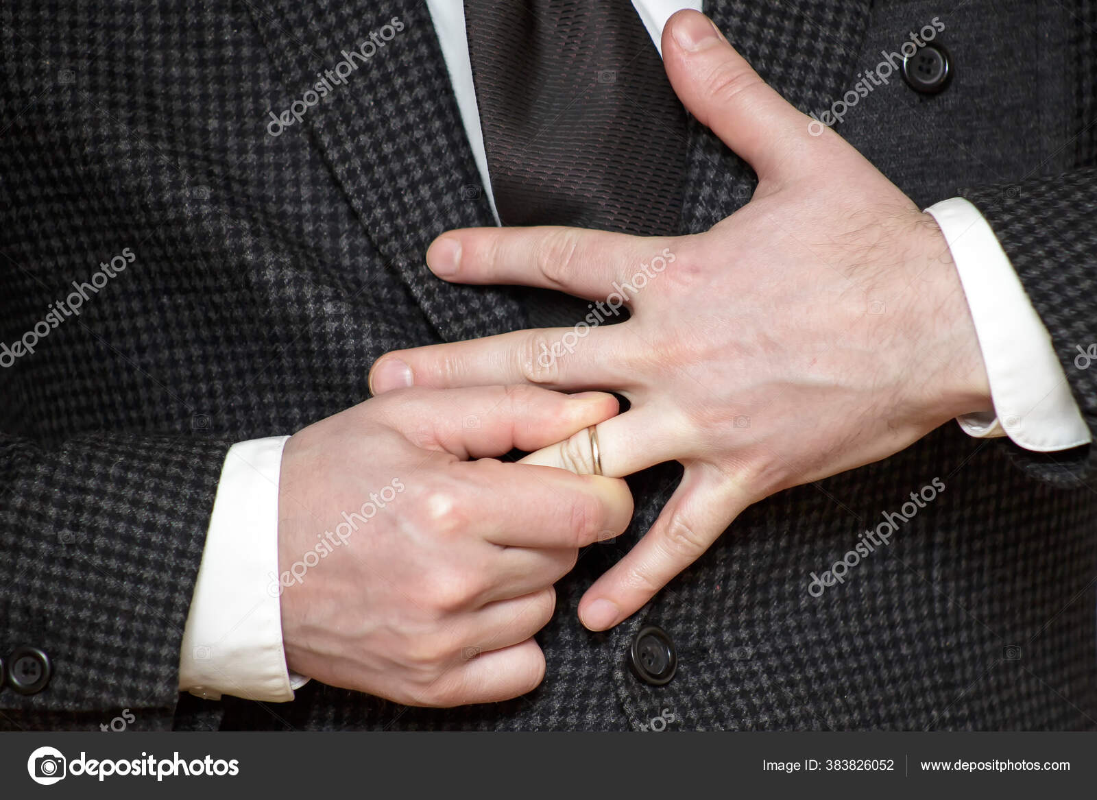Man Jacket Struggling Remove Wedding Ring His Finger — Stock Photo ...