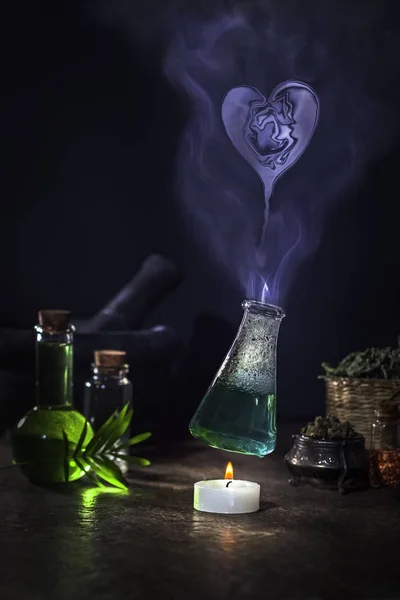 alchemist's table, chemical test tubes, steam from a test tube ...