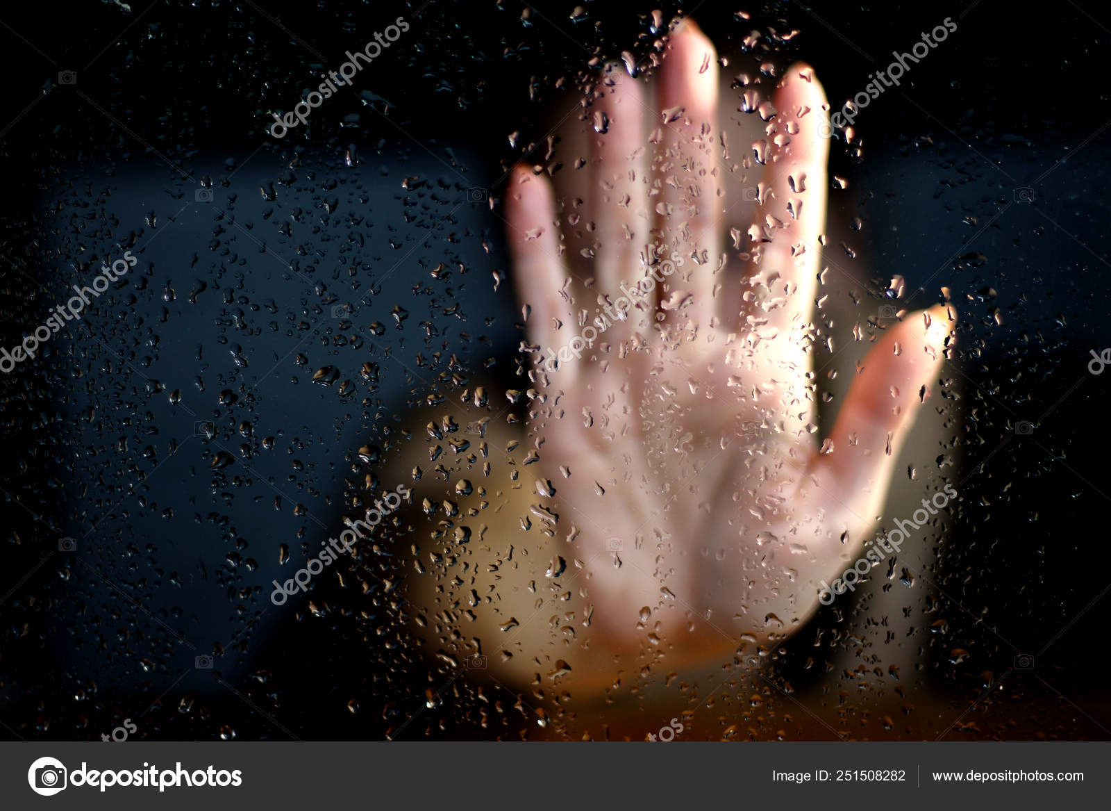 Female Hand Palm Silhouette Window Raindrops Reaching Glass Request ...