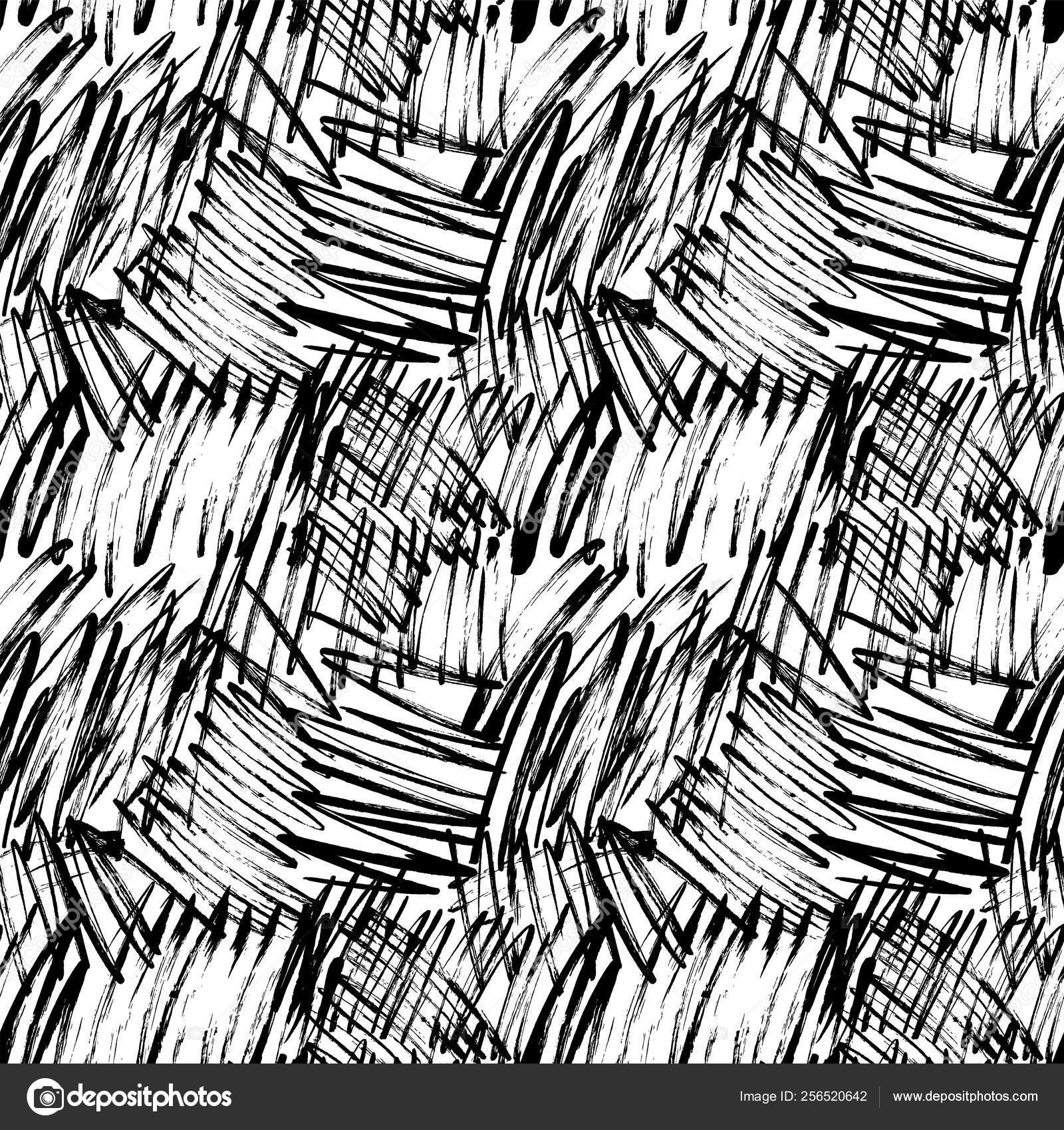 Grunge scribbles hand drawn seamless pattern. Vector chaotic lines, hatches paintbrush drawing ...
