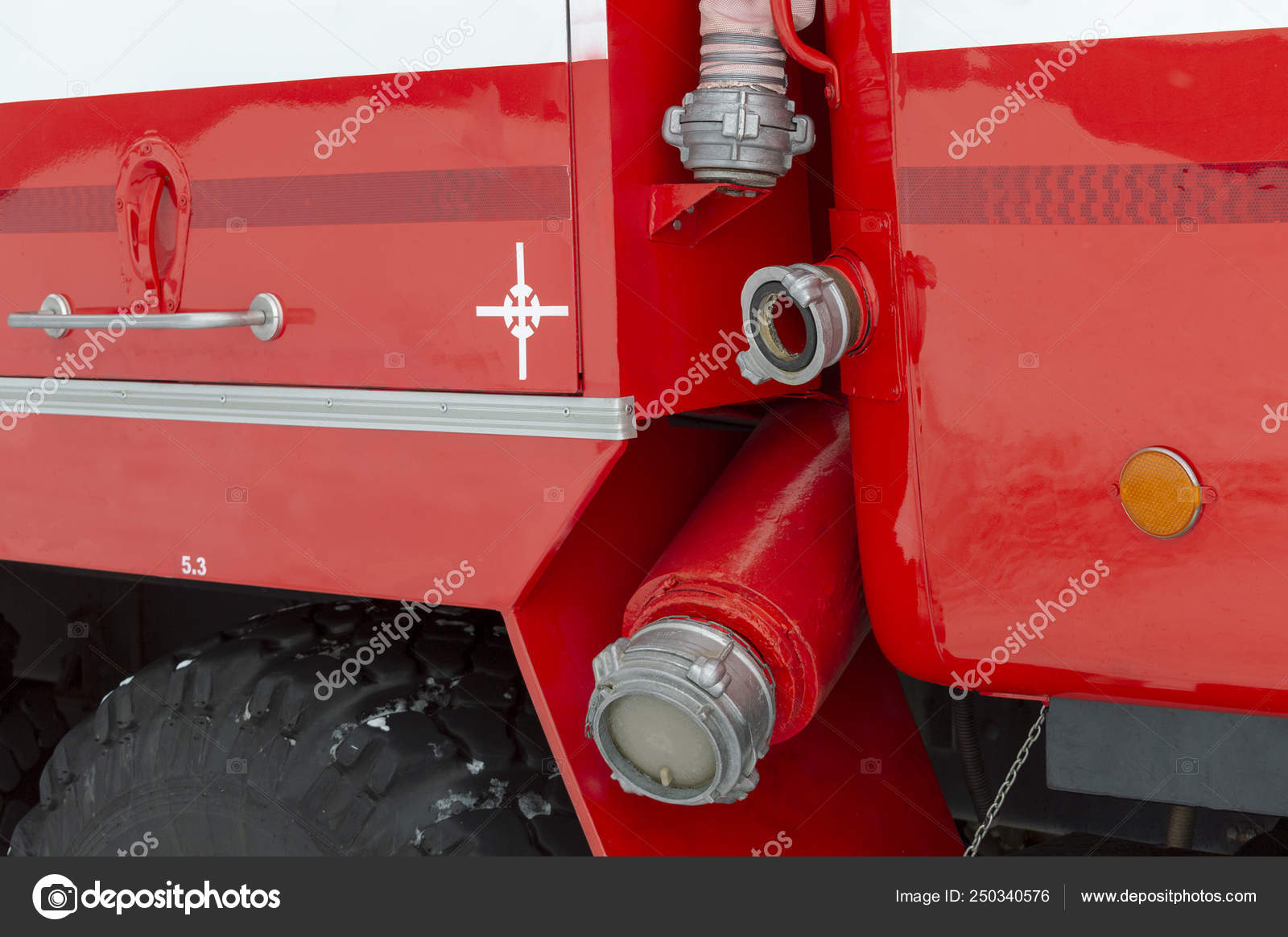 Drain Drain Pipe Red Fire Truck Close — Stock Photo © essffes #250340576
