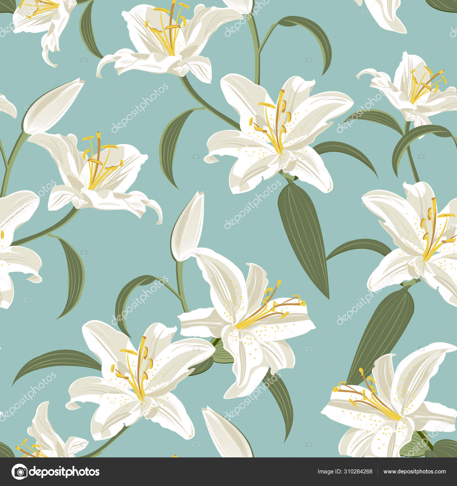 Lily Flower Seamless Pattern Green Background White Lily Floral Vector ...