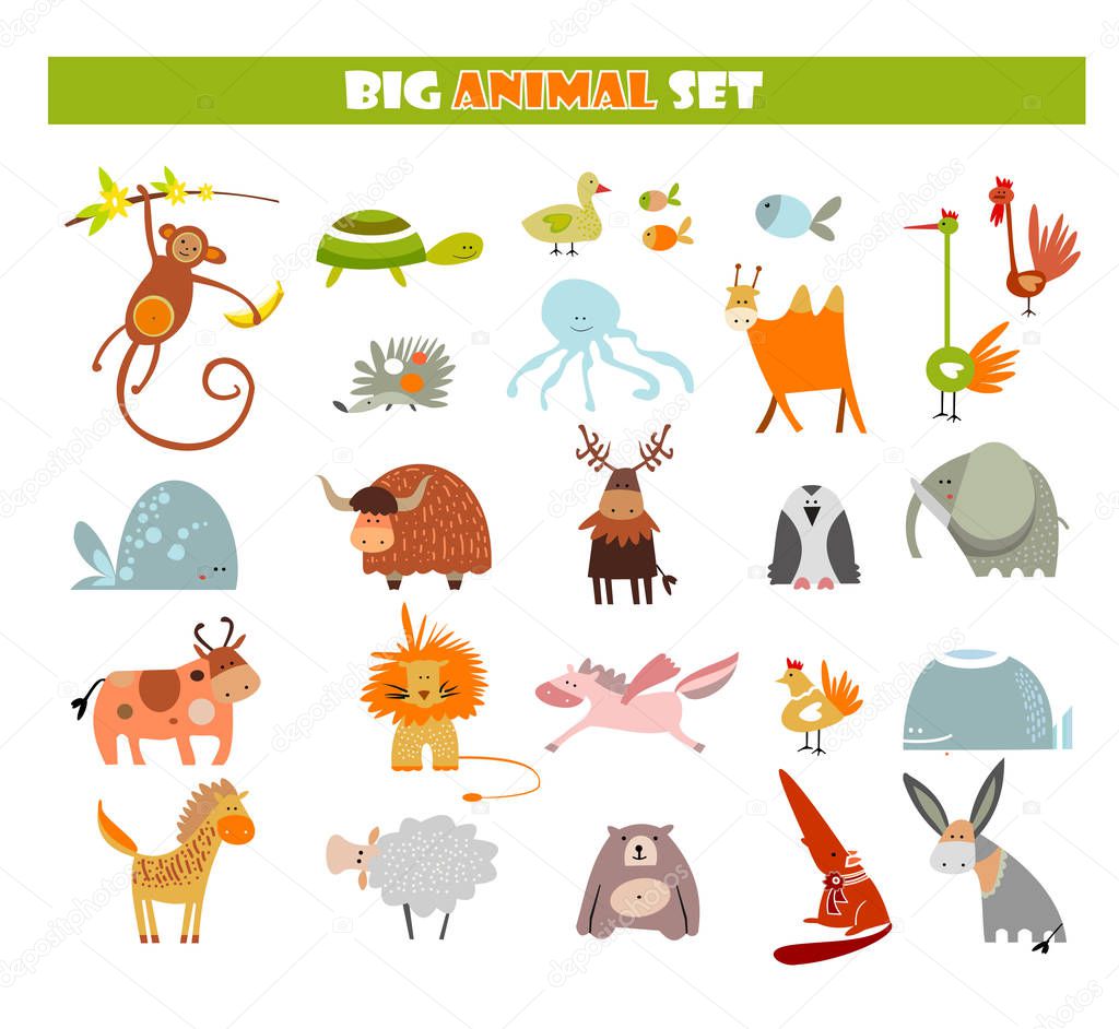 Gran vector conjunto de animales de dibujos animados. Mamíferos, aves ...