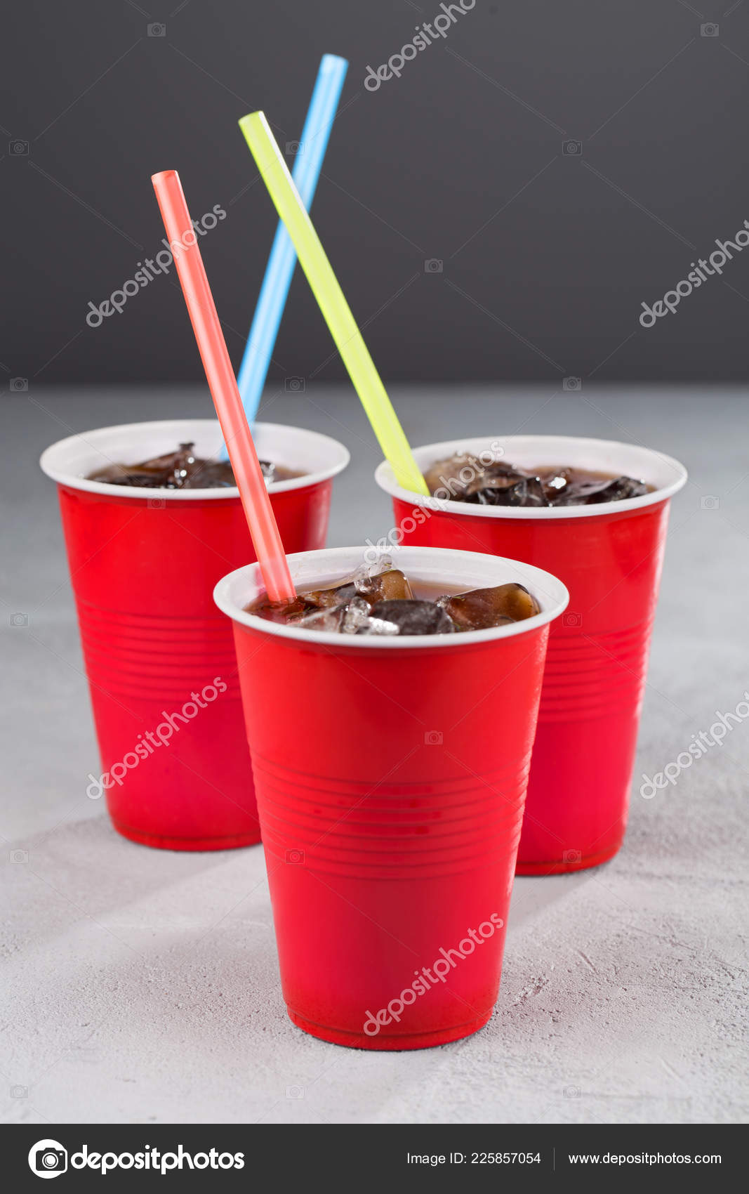 Three Red Cups Soda Colored Straws Gray Background Closeup — Stock ...