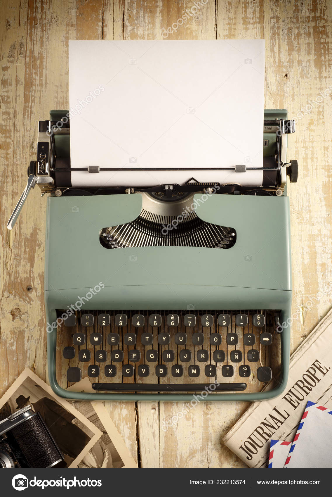 Vintage Typewriter Journalism Table Top View Background Stock Photo by ...