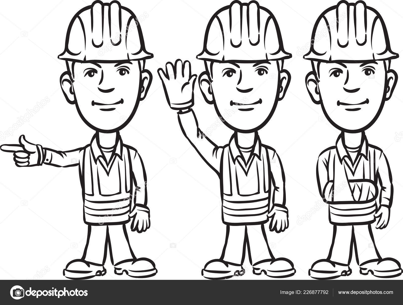 Whiteboard Drawing Three Cartoon Workers Pointing Waving Injured Stock ...