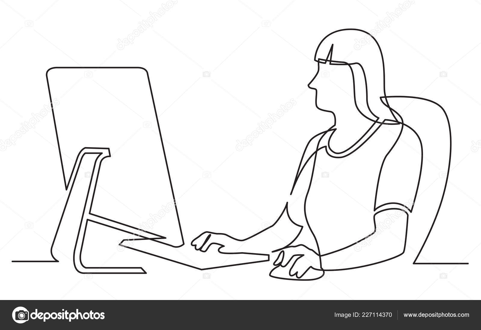 Continuous Line Drawing Office Female Worker Sitting Working Computer ...