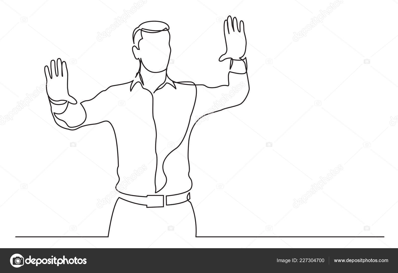 Continuous Line Drawing Standing Man Showing His Hands Stock Vector By