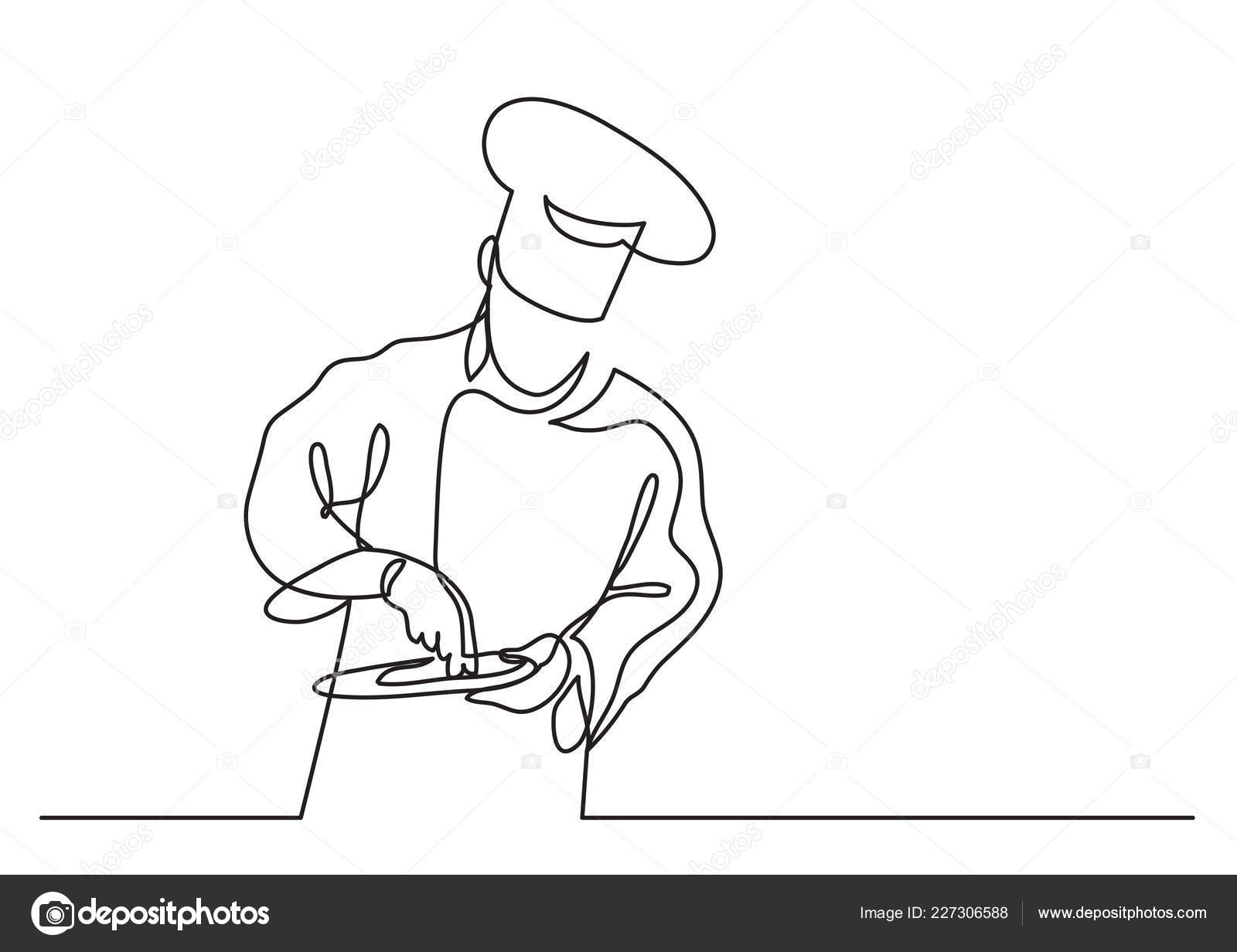 Dessin Ligne Continue Chef Cuisinier Repas Gastronomique Vecteur par ...