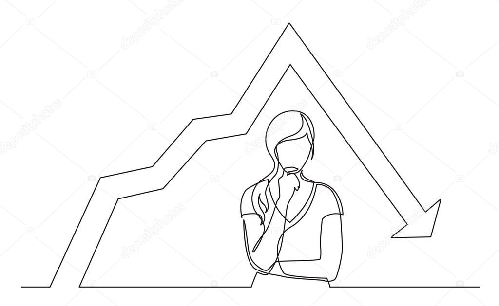 línea continua dibujo de la mujer confundido pensando en gráfico ...
