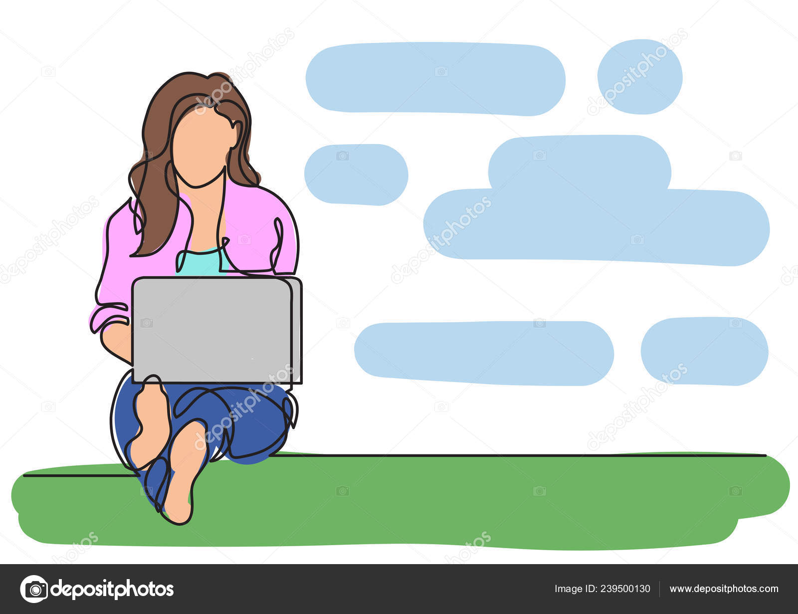 One Line Drawing Woman Sitting Laptop Computer Stock Illustration by ...