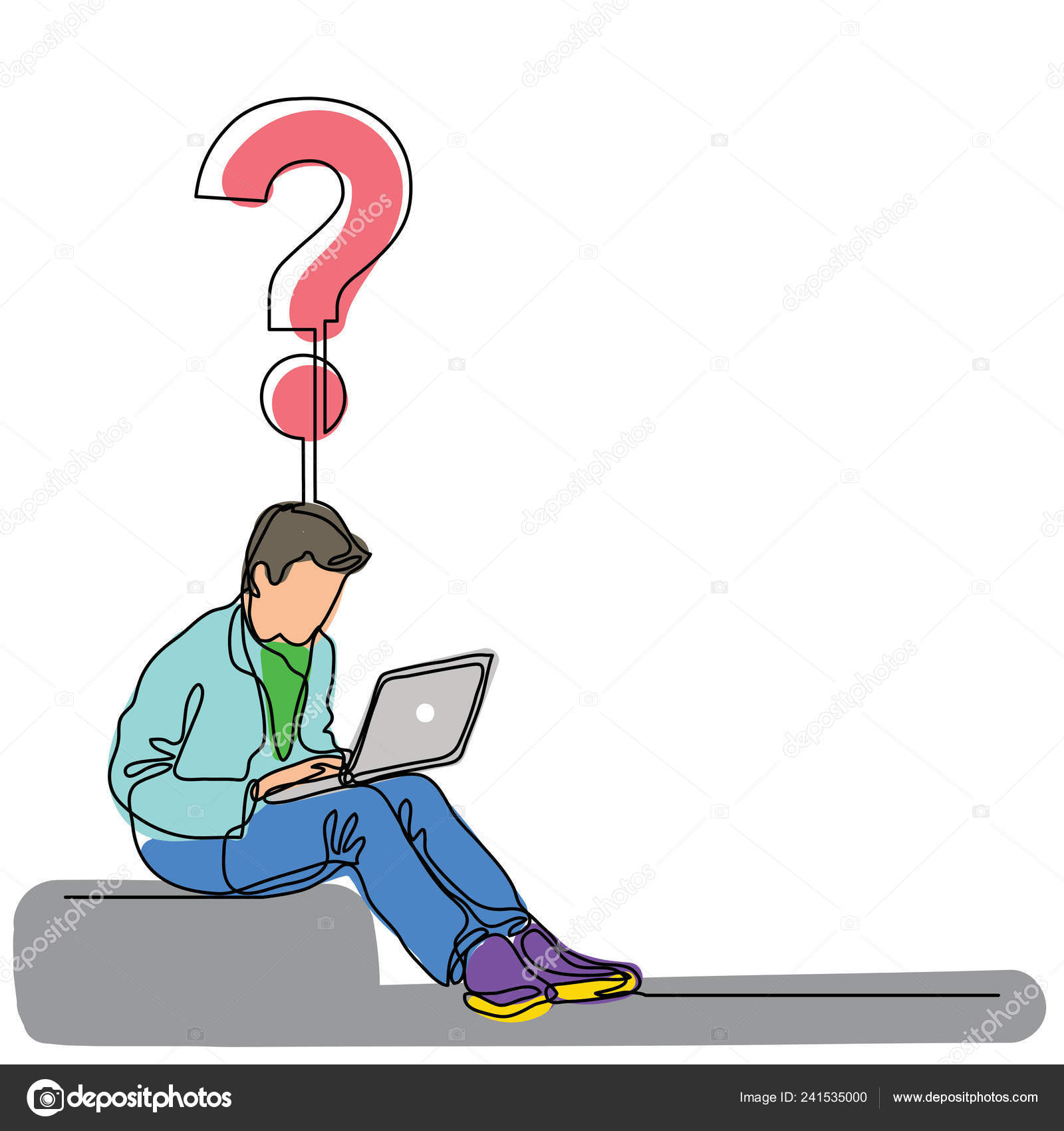Continuous Line Drawing Guy Sitting Laptop Computer Question Stock ...
