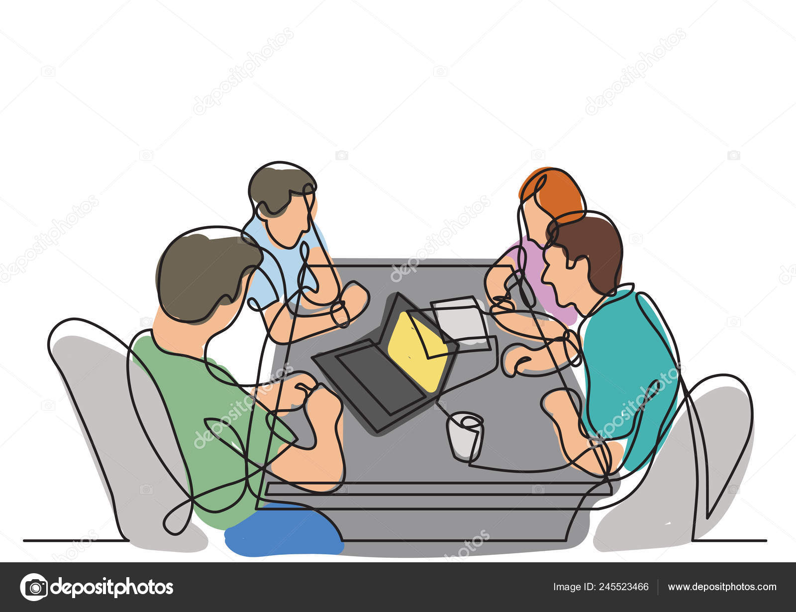 Continuous Line Drawing Four Team Members Working Together Stock Vector ...