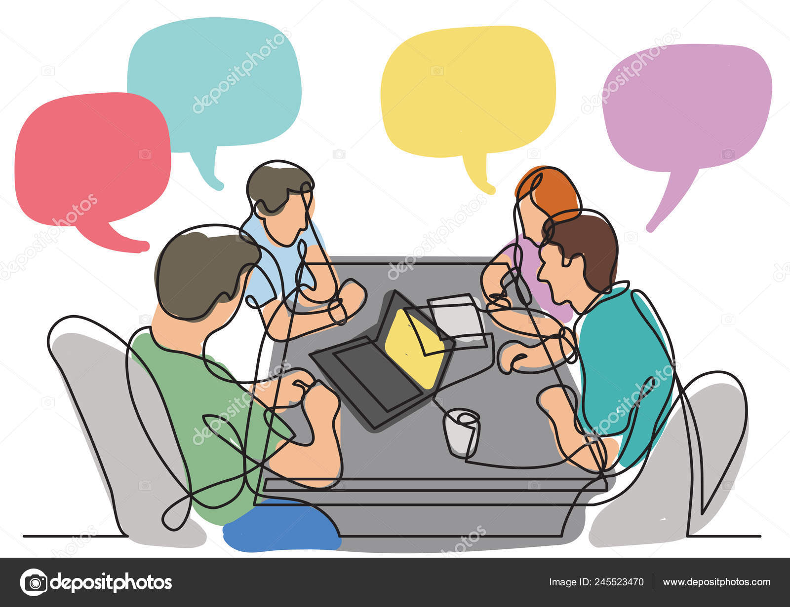 Continuous Line Drawing Four Team Members Working Together Stock Vector ...