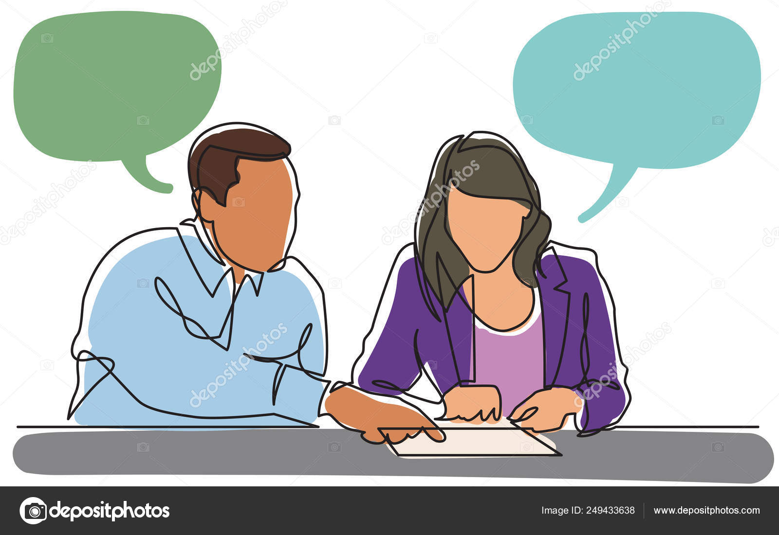 Continuous line drawing of man instructing woman on work place Stock ...