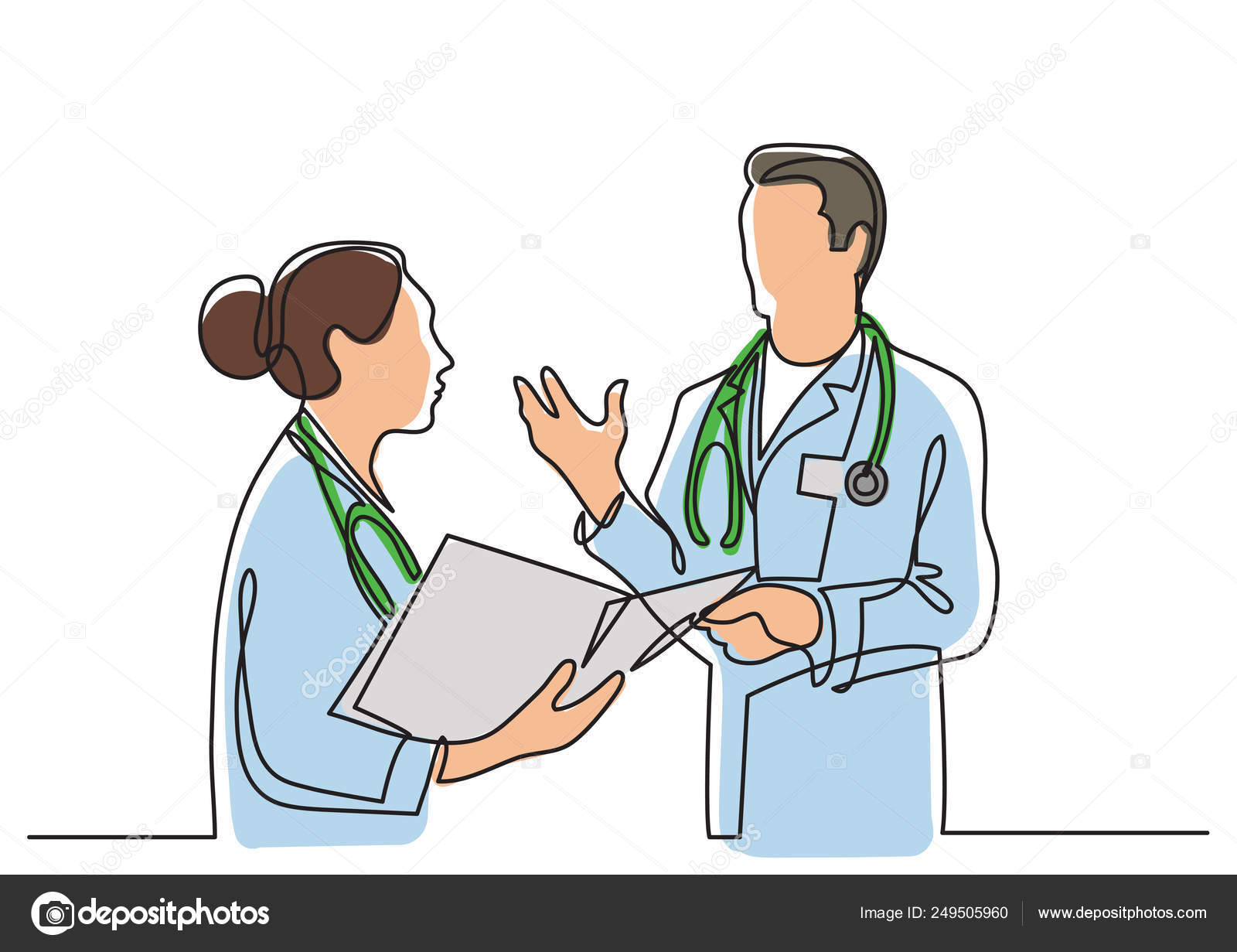 Línea continua dibujo de los médicos hablando Vector de stock por ...