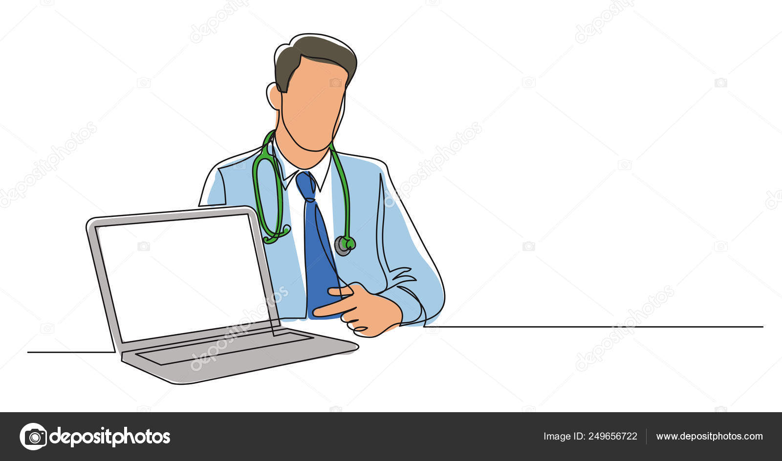 One line vector drawing of hospital doctor sitting pointing at laptop ...